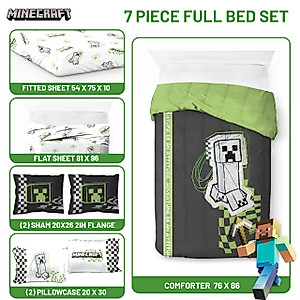 Jay Franco Minecraft Creeper Full Size Comforter Set - 7 Piece Bedding Includes Sheet Set & Pillow Covers - Super Soft Green & Gray Kids Bedding