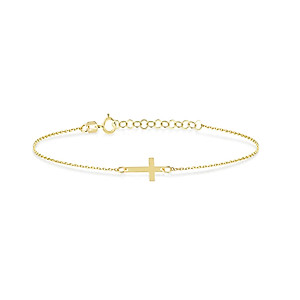 14k Real Gold Cross Bracelet | 14k Solid Gold Crucifix Bracelet for Women | Dainty Sideways Cross Bracelet | Women's 14k Gold Religious Jewelry | Gift for Her, Adjustable 6" to 7"