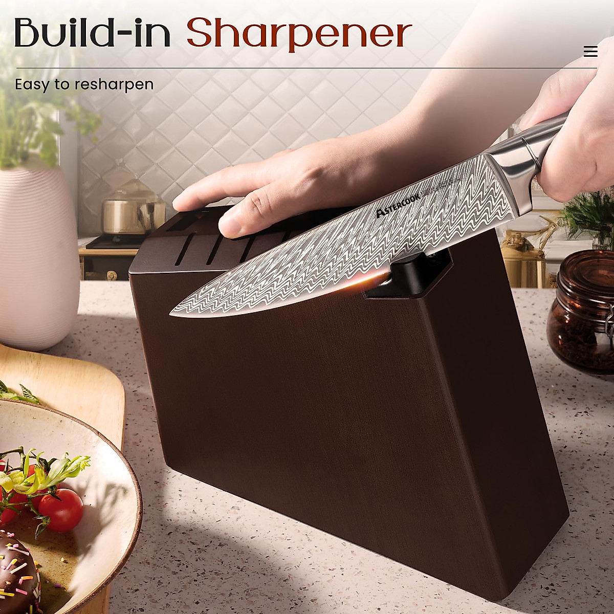 Knife Set, Astercook 15 Pcs Knife Sets for Kitchen with Block, Dishwasher Safe Kitchen Knife Set with Built-in Sharpener, German Stainless Steel Knife Block Set