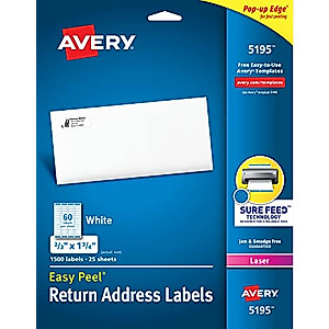 Avery Return Address Labels, Laser Printers, 1,500 Labels, 2/3 x 1-3/4, Permanent Adhesive (5195)