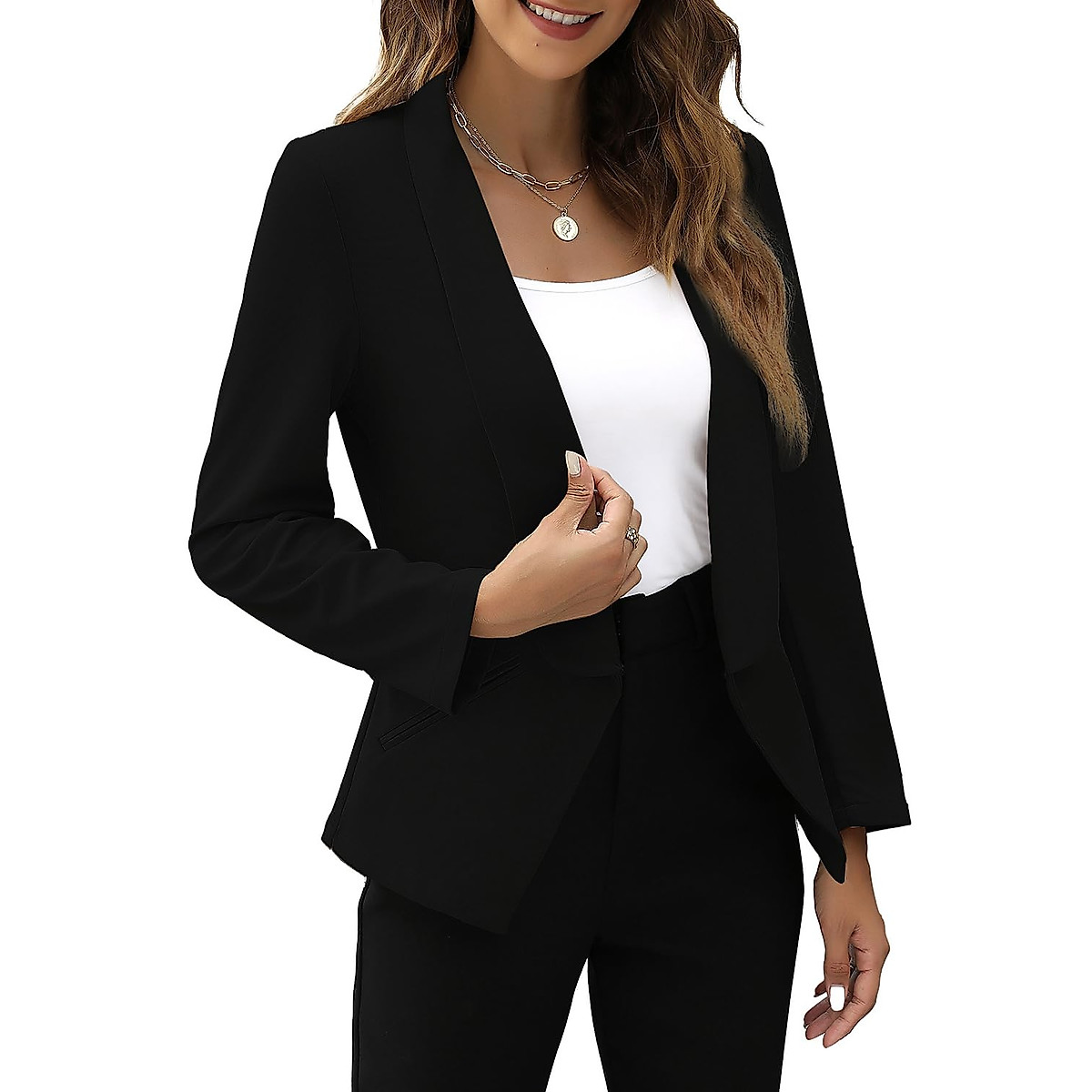 Sucolan Black Womens Cropped Blazer Jacket Business Casual Work Office Lightweight Long Sleeve Fitted Petite Dressy Ladies Blazers L