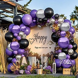 Black Purple Silver Balloon Garland - Double Stuffed Dark Purple Black Balloons Metallic Silver Lavender Lilac Balloon Arch Kit for Halloween Wednesday Birthday Graduation Wedding Party Decoration