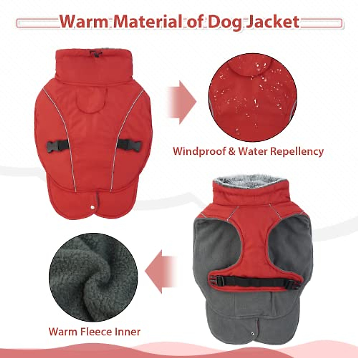 DENTRUN Dog Cold Weather Coats Winter Warm Dog Coat Windproof Cozy Dog Jacket Thick Fleece Vest Water Repellent Apparel with Harness/Leash Hole & Reflective for Outdoor Small Medium Large Dogs