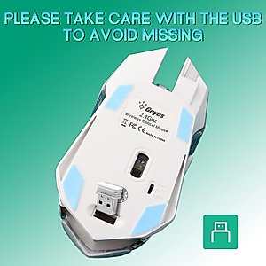 VEGCOO White Wireless Gaming Mouse, Silent Click Wireless Mouse with 3 Level DPI, Rechargeable Computer Mice with Colorful RGB LED Lights and Side Buttons for Laptop and Desktop