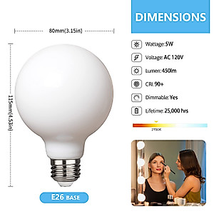 FUTIME G25/G80 LED Globe Light Bulbs, 5W LED Vintage Edison Bulb (40W Equivalent),Warm White 2700K,Dimmable Makeup Mirror Lights for Bedroom, Modern Sputnik Chandelier Light Bulbs Milky Glass 6 Pack