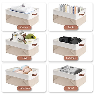 SNWDN 4 Pack Large Fabric Storage Baskets for Organizing Collapsible Fabric Storage Bins with Handles for Organizing,Shelf,Clothes,Home, Office,Nursery(White/Beige 16x12x8 Inches)