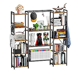 Iaocpio Triple Wide 5 Tiers Bookshelf with 6 Hooks, 13 Open Bookshelves for Bedroom, Living Room, Kitchen, Study and Home Office.