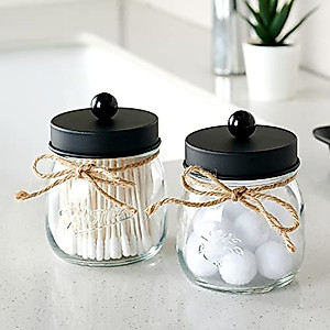 SheeChung Apothecary Jars Set,Mason Jar Decor Bathroom Vanity Storage Organizer Canister,Premium Glass Qtip Holder Dispenser for Cotton Swabs,Ball-Stainless Steel Lid (Black, 2-Pack)