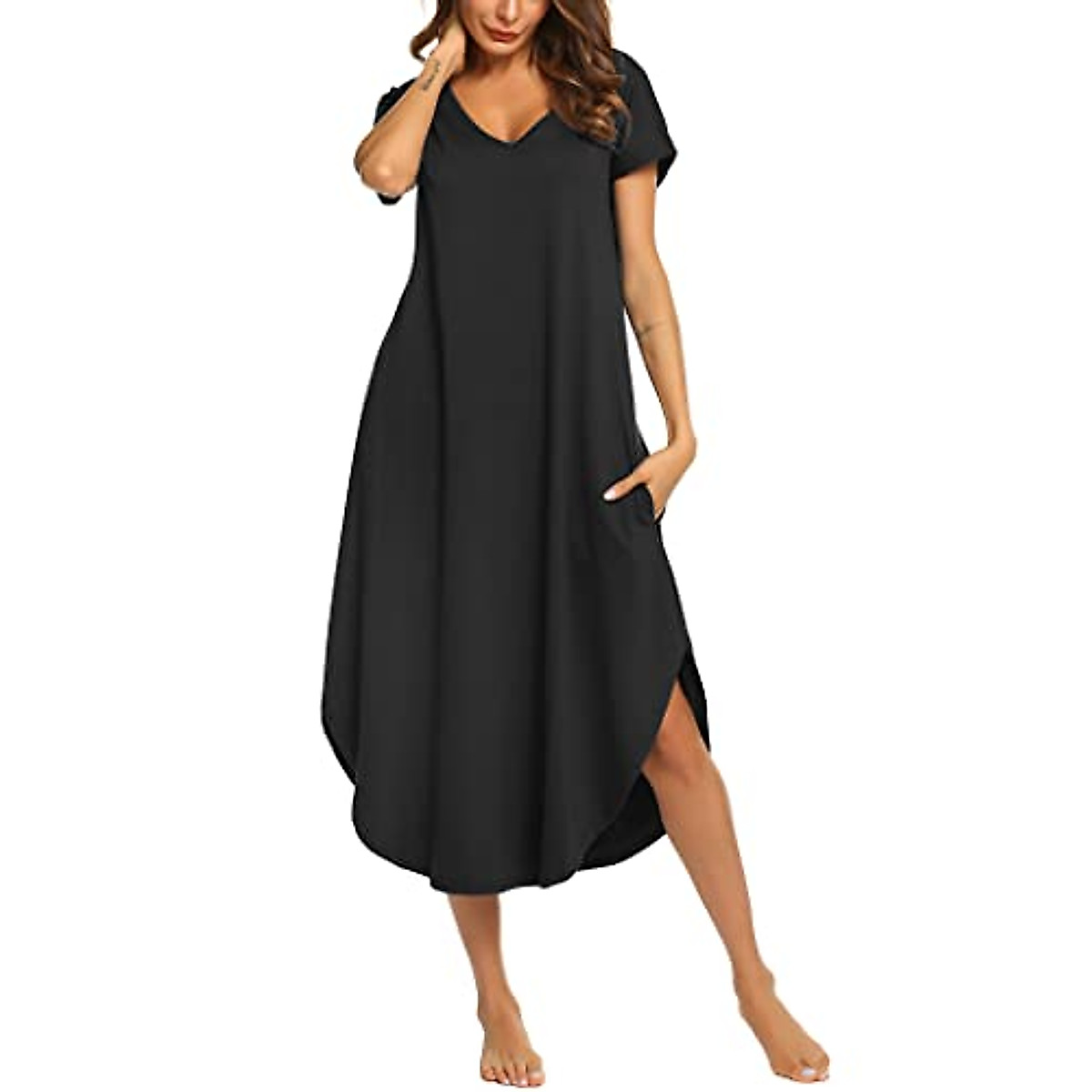 Ekouaer Plus Size Night Gowns for Women V Neck Sleepwear Cotton Knit Loungers Comfort Nightgown with Pockets (Black,XX-Large)