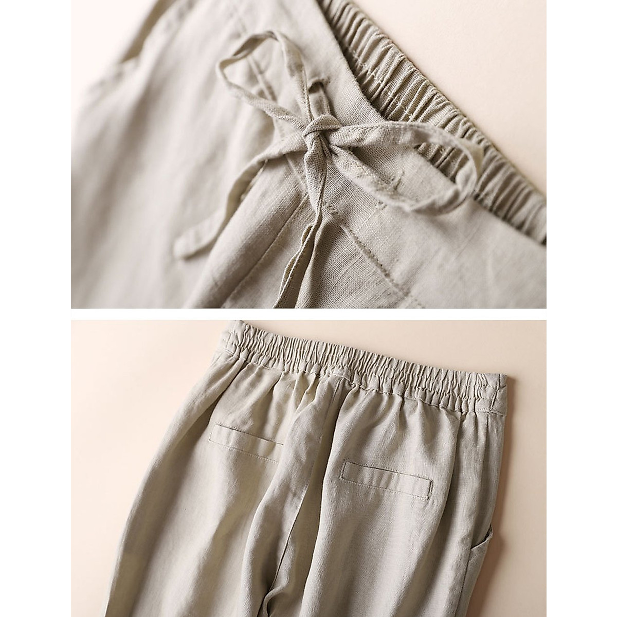 IXIMO Women's Tapered Pants 100% Linen Drawstring Back Elastic Waist Pants Trousers with Pockets Khaki XL