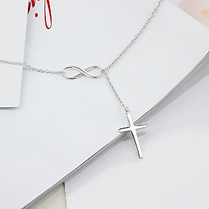 NA S925 Sterling Silver Infinity Cross Pendant Y Lariat Necklace for Women Birthday Baptism Easter Gift, 18 inch + 2 inch
