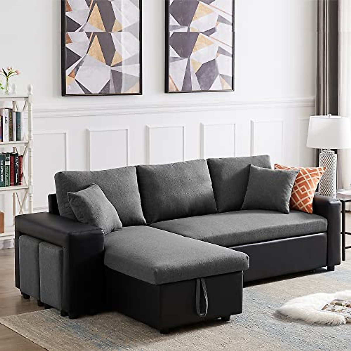 Runboll Sectional Sofa with Pull-Out L-Shape Bed Reversible Chaise Sofa with Storage Seat Sleeper Couch with 2 Stools