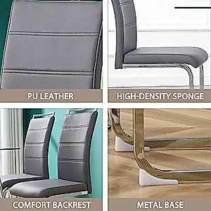 FATFISH Modern Dining Chairs, PU Faux Leather High Back Upholstered Side Chair Transverse Stripe Backrest Design for Dining Room Kitchen Vanity Patio Club Guest Office Chair (Set of 4) (Gray+PU)