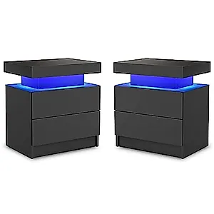 DobleCliCli LED End Table Set of 2, Modern Nightstand with 2 Drawers, 20.5" Tall LED Bedroom Furniture with Storage, Bedside Table for Bedroom, Living Room, and Playroom, Black
