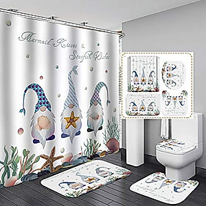 Godeufe 4Pcs Mermaid Gnome Shower Curtain Sets for Bathroom, Waterproof Bath Curtain Set with Non-Slip Rug, Toilet Lid Cover, Bath Mat and 12 Hooks, 70.8x70.8 Inches (White)