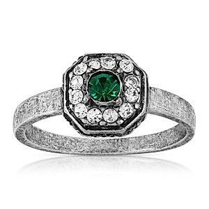 1928 Jewelry Pewter with Green and Clear Crystals Octagon Shaped Ring Size 7