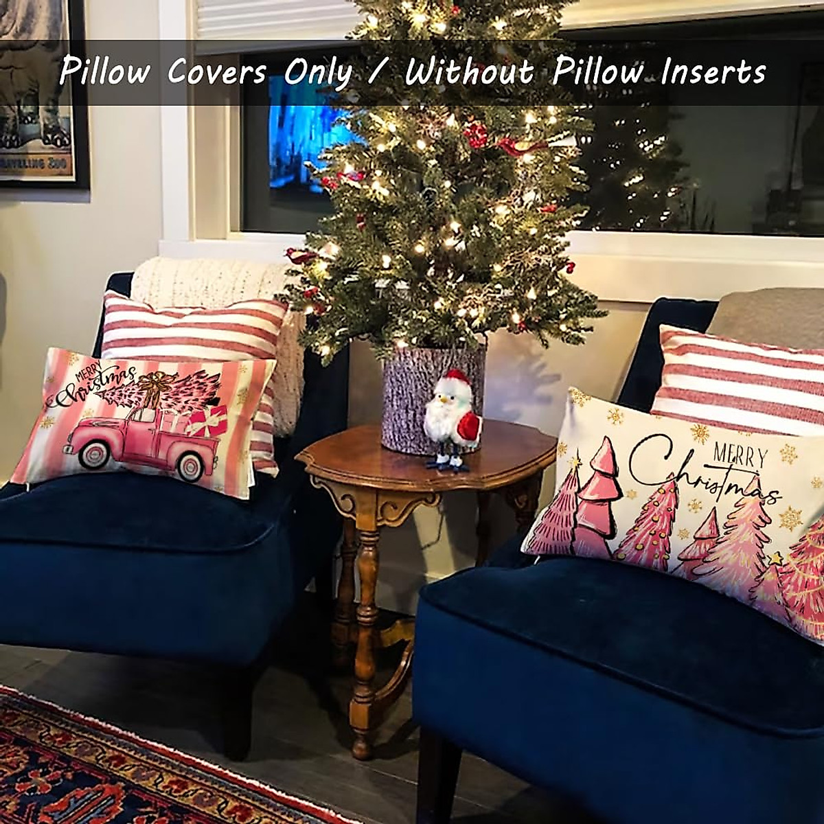 CARRIE HOME Pink Christmas Decorations Pink Christmas Tree Lumbar Pillow Covers 12x20 Set of 2 Pink Truck Decor Merry Christmas Outdoor Throw Pillows 12 x 20 for Porch and Patio (No Pillow Inserts)