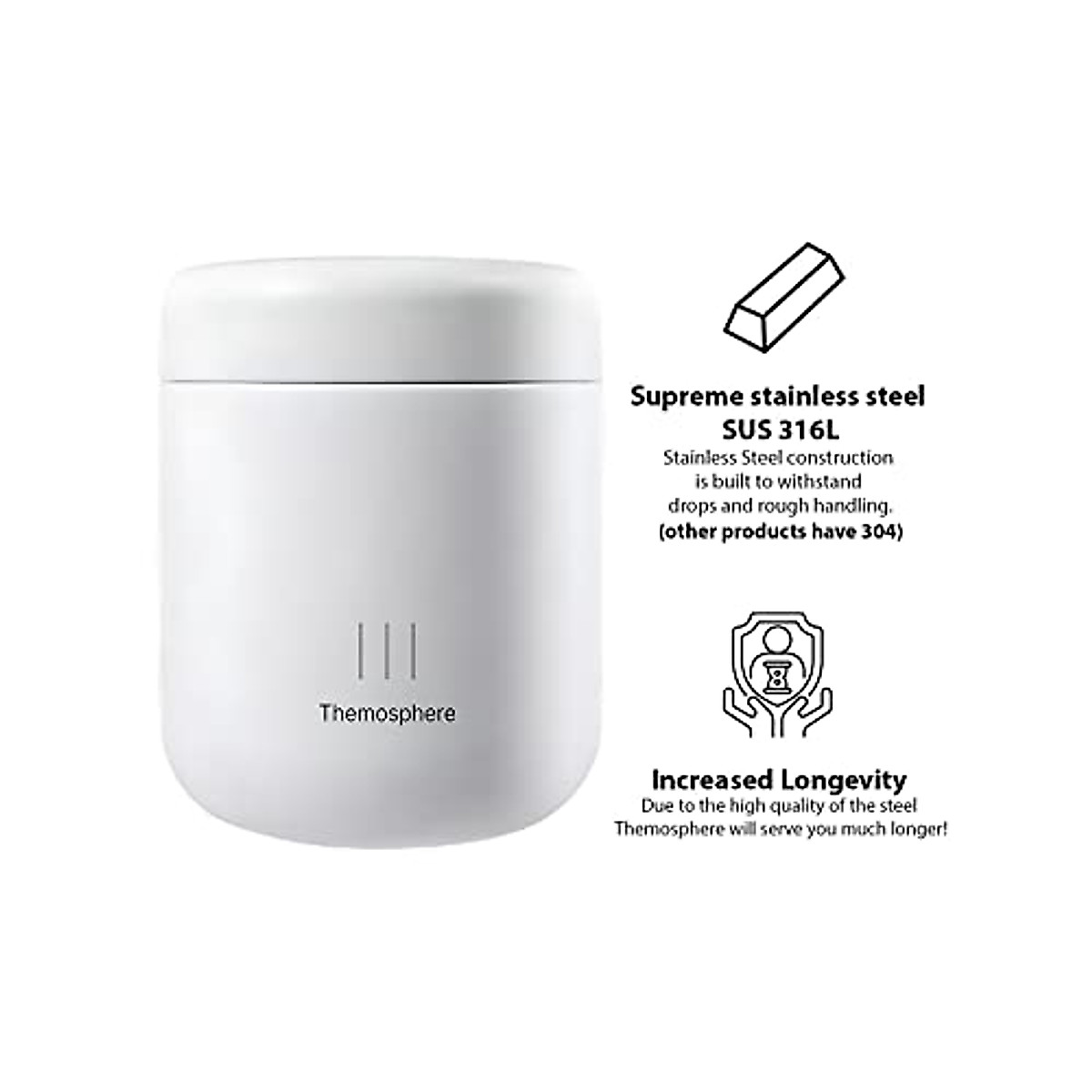 Themosphere Insulated Lunch thermos - Supreme Stainless Steel 316 - Hot Food Jar 17.5 oz Bento Lunch BoxKids and AdultSpoon - Leak Proof Hot Cold FoodSchool and Office T1 White 10x10x13cm