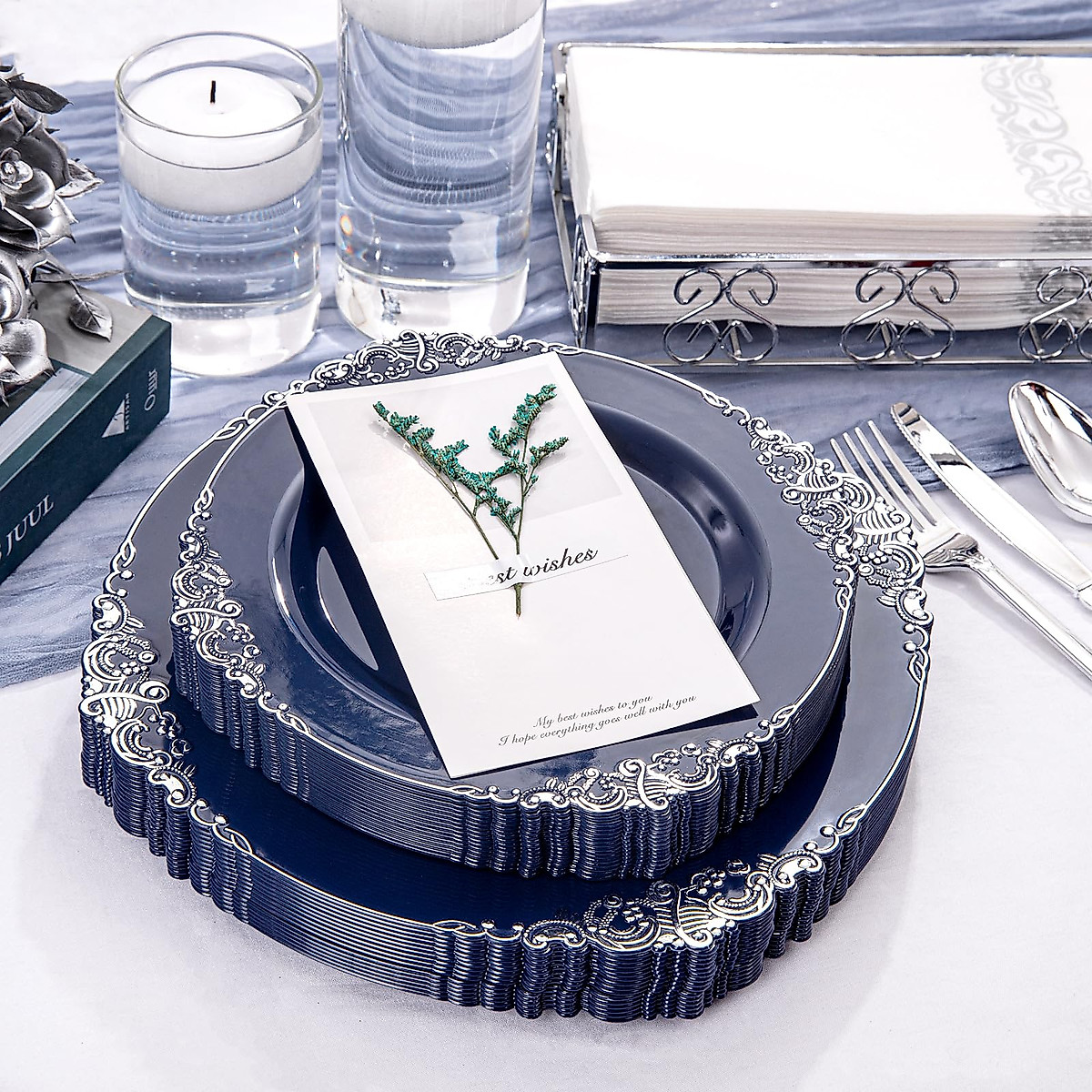 Hioasis 175pcs Blue Plastic Plates - Blue and Silver Plastic Plates Disposable Include 25 Dinner Plates,25 Dessert Plates,25 Knives,25 Forks,25 Spoons,25 Napkins Perfect for Wedding & Parties