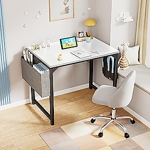 OLIXIS Small Computer Desk Home Office Modern Simple Style Table with Storage Bag & Headphone Hooks for Children Student Work Study Writing, 32 Inches, White