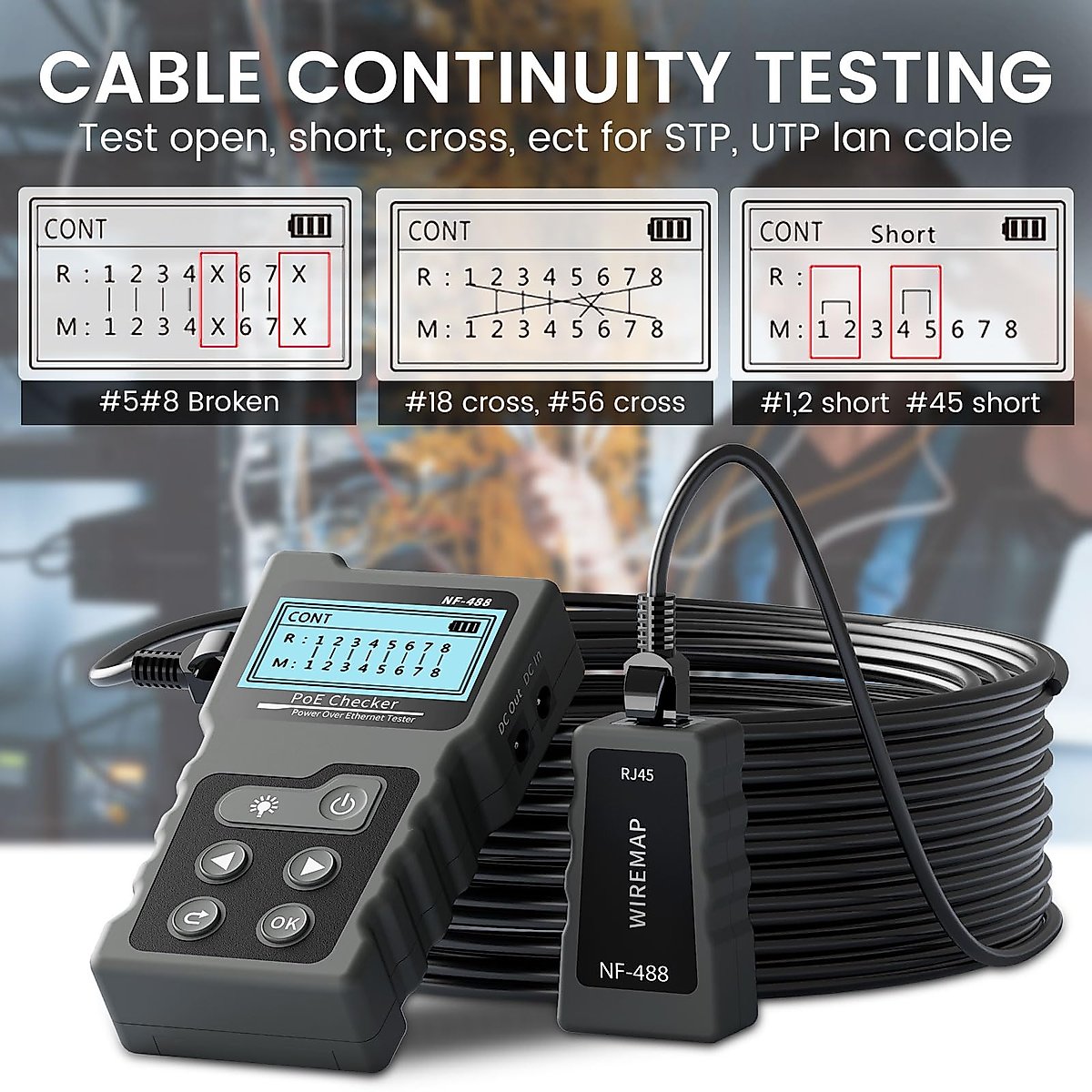 RJ45 Network Cable Tester, VXSCAN Multifunction Poe Ethernet Cable Tester Kit for CAT5e/CAT6/CAT6a, Network Cable Continuity Tester DC Power & Switch Loop-Back Test Poe Checker