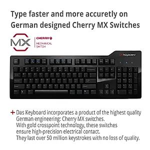 Das Keyboard Model S Wired Mechanical Keyboard, Cherry MX Blue Mechanical Switches, 2-Port USB Hub, Laser Etched Keycaps (104 Keys, Black)