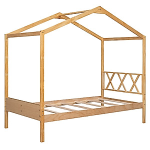 Harper & Bright Designs Twin Size House Bed for Kids, Twin Bed Frame with Headboard and Storage Space, Wooden Twin Bed for Girls, Boys,No Box Spring Needed,Natural