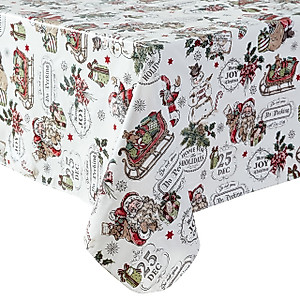 Newbridge Vintage Nostalgia Home for Holidays Print Flannel Back Vinyl Christmas Tablecloth - Vintage Santa Claus, Snowman and Sleigh Xmas Wipe Clean Easy Care Tablecloth, 52" x 52" Square