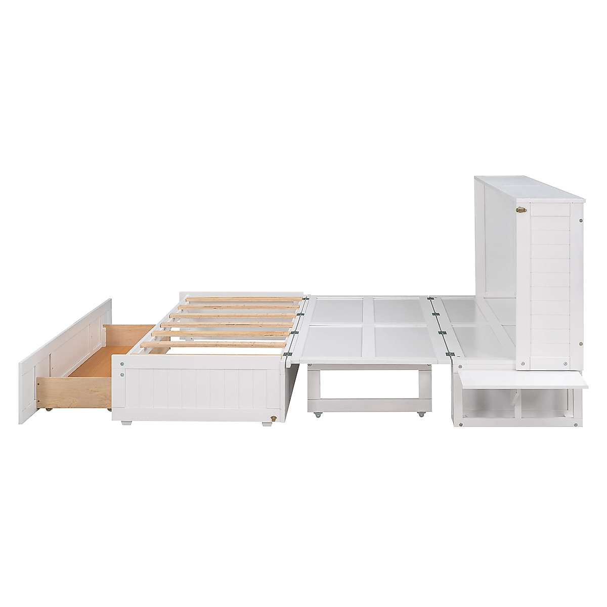LETSHOME Queen Size Mobile Murphy Bed with Drawer and Little Shelves on Each Side,Storage Platform Bedframe for Home/Office,White