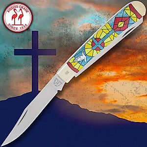 KISSING CRANE Stained Glass Trapper Pocket Knife | European Cathedral-Inspired Artwork | Stainless Steel Blades | Blue Bone Handle Scales | 3D Printed | Clip Point and Spey Blade | Closed Length 4"