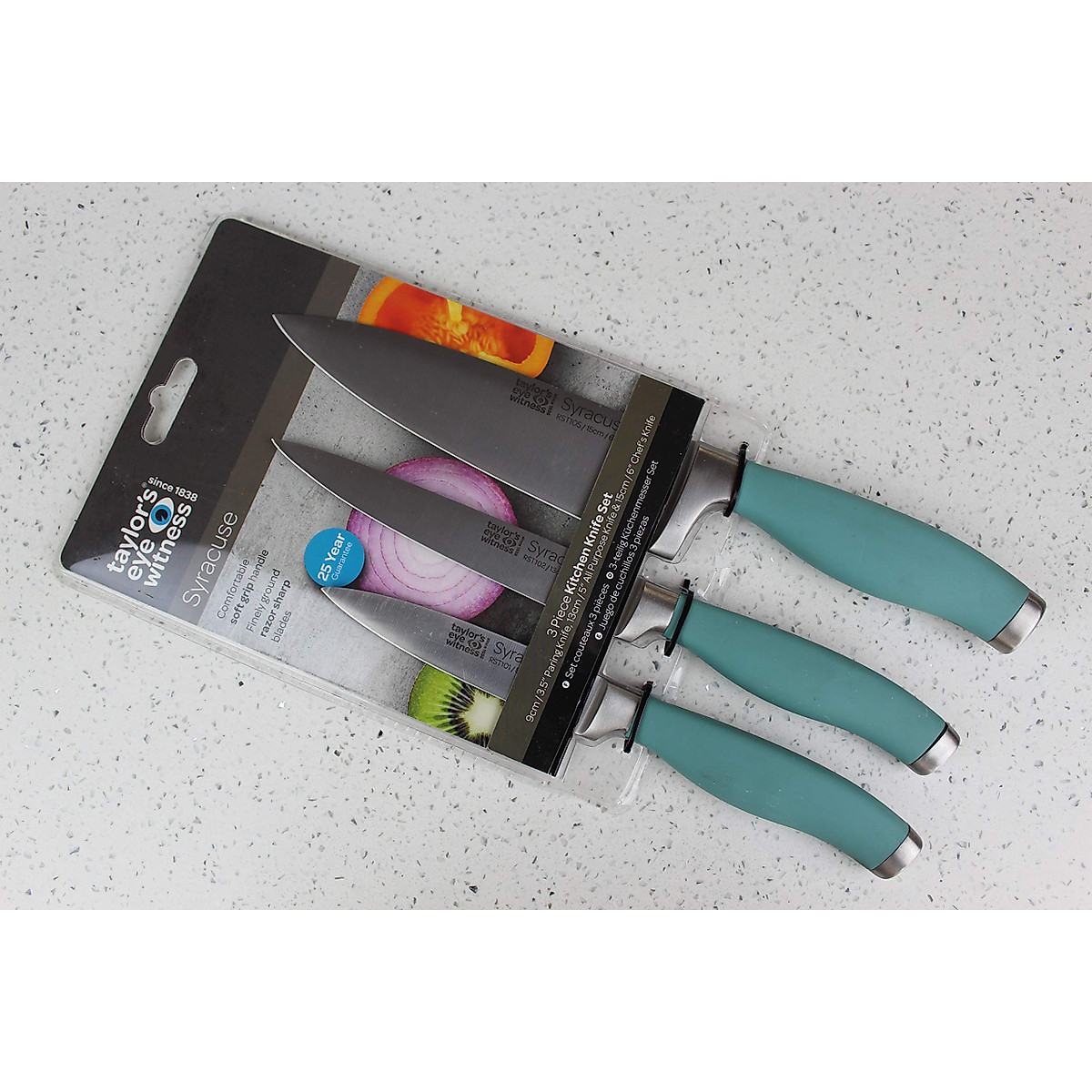 Taylors Eye Witness Syracuse Kitchen Knife 3pce Set - Paring 8cm/3.5”, Chefs 15cm/6” & Cooks All Purpose 13cm/5” Cutting Edge. Ultra Fine, Razor Sharp Blade. Soft Textured Grip Aqua Blue Handle