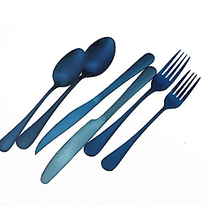 Gugrida 24-Piece Titanium Blue Plated Stainless Steel Flatware Set, Travel Cutlery Include Knife Fork Spoon Service for 4,Healthy & Eco-Friendly Silverware - Matte Elegant Modern Eating Utensils