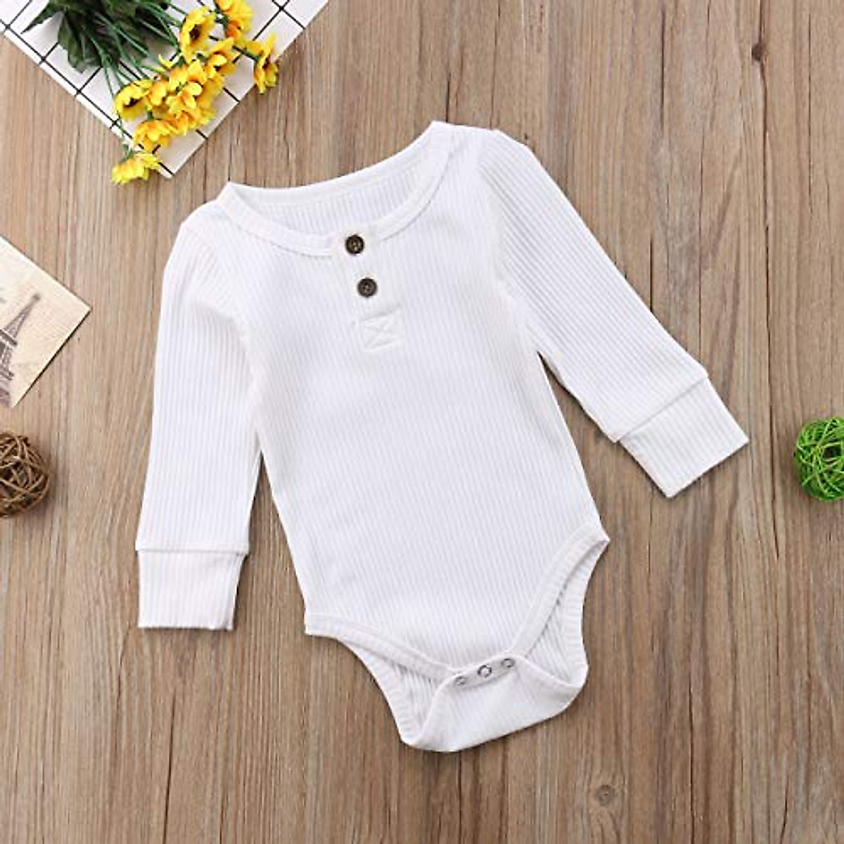 Seyurigaoka Newborn Unisex Baby Solid Bodysuit Basic Plain Rib Stitch Long Sleeve Romper Clothes for Infant Boy Girl (White, 6-12 Months)