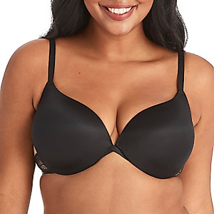 Maidenform Underwire Demi Bra, Best Push-Up Bra with Wonderbra Technology, Smoothing Lace-Trim Bra with Push-Up Cups, Black W/Body Beige Lining, 34B