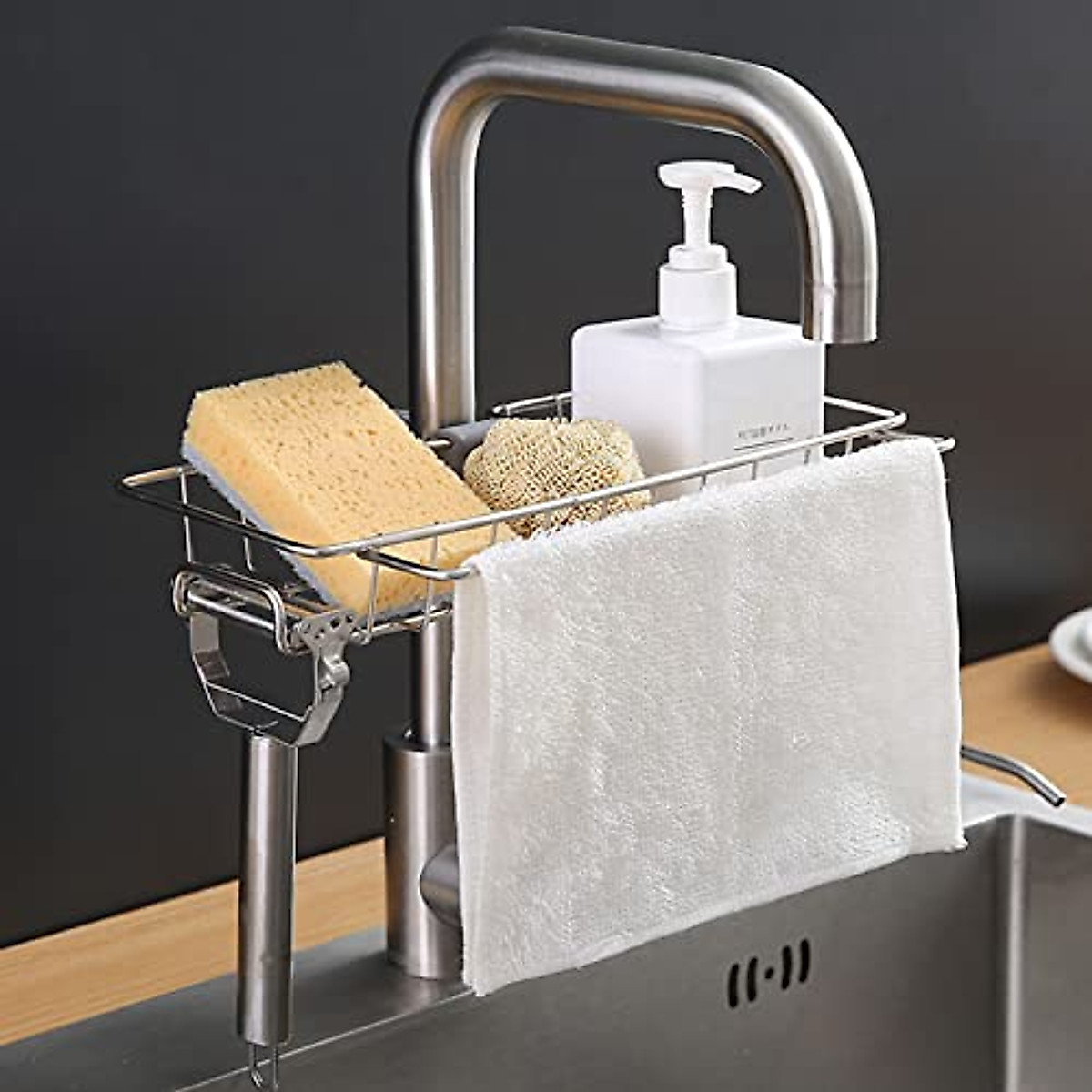 Citphto Sponge Holder Stainless Steel Faucet Kitchen Sink Caddy Organizer Detachable Hanging Sponge Holder for Kitchen Sink Bathroom Shower Rack Compatible with Faucets 0.63-1.0 Inches in Diameter