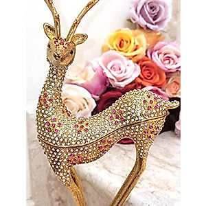 10ct HANDMADE Limited Edition ANTIQUE 1990 Reindeer Figurine LARGE FABERGE Egg Jewelry Box & Fabergé Pendant Necklace & RUBY Bracelet 24k GOLD Womens Day Deer Statue for Home Decor Reindeer Unique 14"