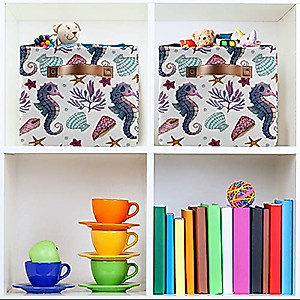 AUUXVA Ocean Starfish Seahorse Shell Storage Bins Basket, Nautical Sea Life Theme Collapsible Storage Cube Rectangle Storage Box with Handles for Shelf Closet Nursery Bedroom Home Office 1 Pack