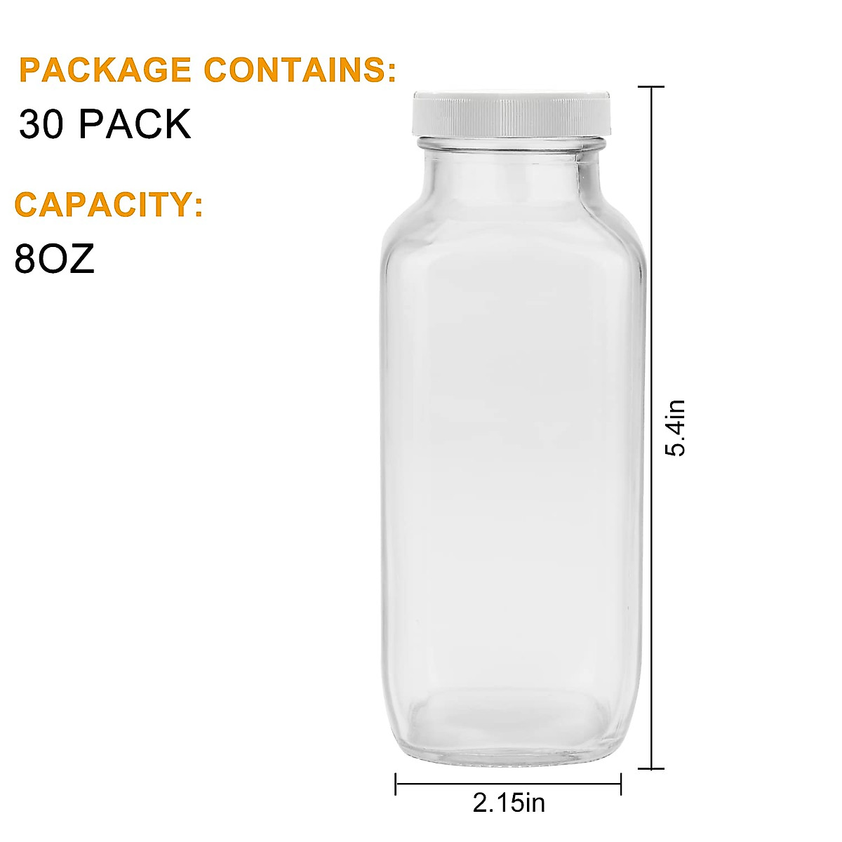 Encheng 8 Ounce Glass Bottles,Reusable Glass Drinking Bottle with Plastic Airtight Lids,Vintage Juicing Bottle Clear Water Bottles for Smoothies,Kombucha,Travel Homemade Beverage Bottles,30 Pack