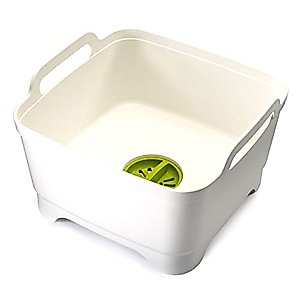 Joseph Joseph Wash & Drain Kitchen Dish Tub Wash Basin with Handles and Draining Plug, 9 liters, White