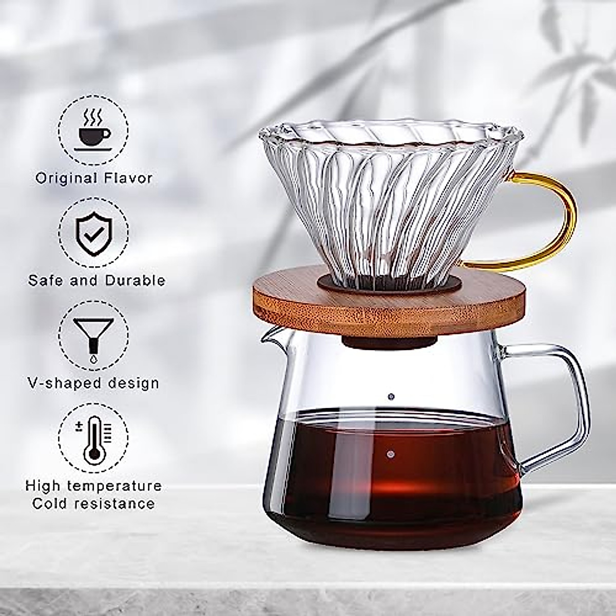 Gute Glass Coffee Dripper/Filter - Cone Glass Pour Over Coffee Dripper with Bamboo Stand & Handle, 1-4 Cups Drip Coffee Maker Funnel Accessories for Home, Office