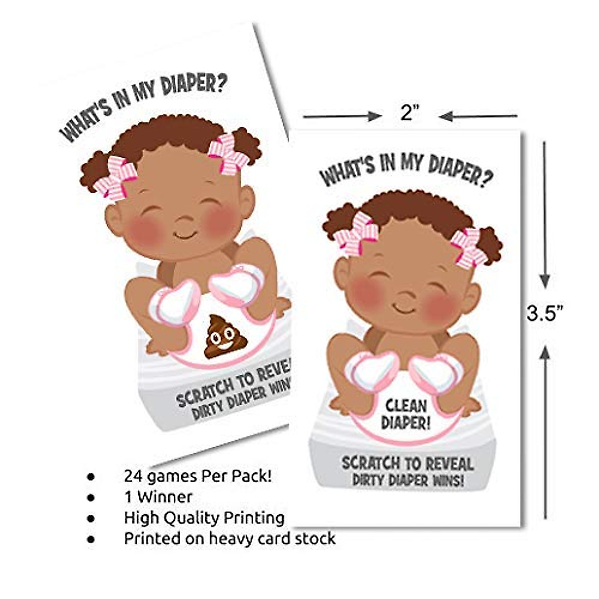 Girl - What's In My Diaper Baby Shower Scratch Off Game | African American | 24 Cards - 1 Winner | Baby Shower Games | Baby Shower Prizes | Door Prizes | Diaper Party | Dirty Diaper Game