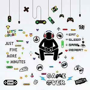 Gamer Wall Sticker Game Wall Decals for Boys,Video Game Room Decor Gaming Controller Wall Stickers Removable DIY Cartoon Party Wallpaper for Kids Bedroom Home Playroom Decoration,6 Sheets