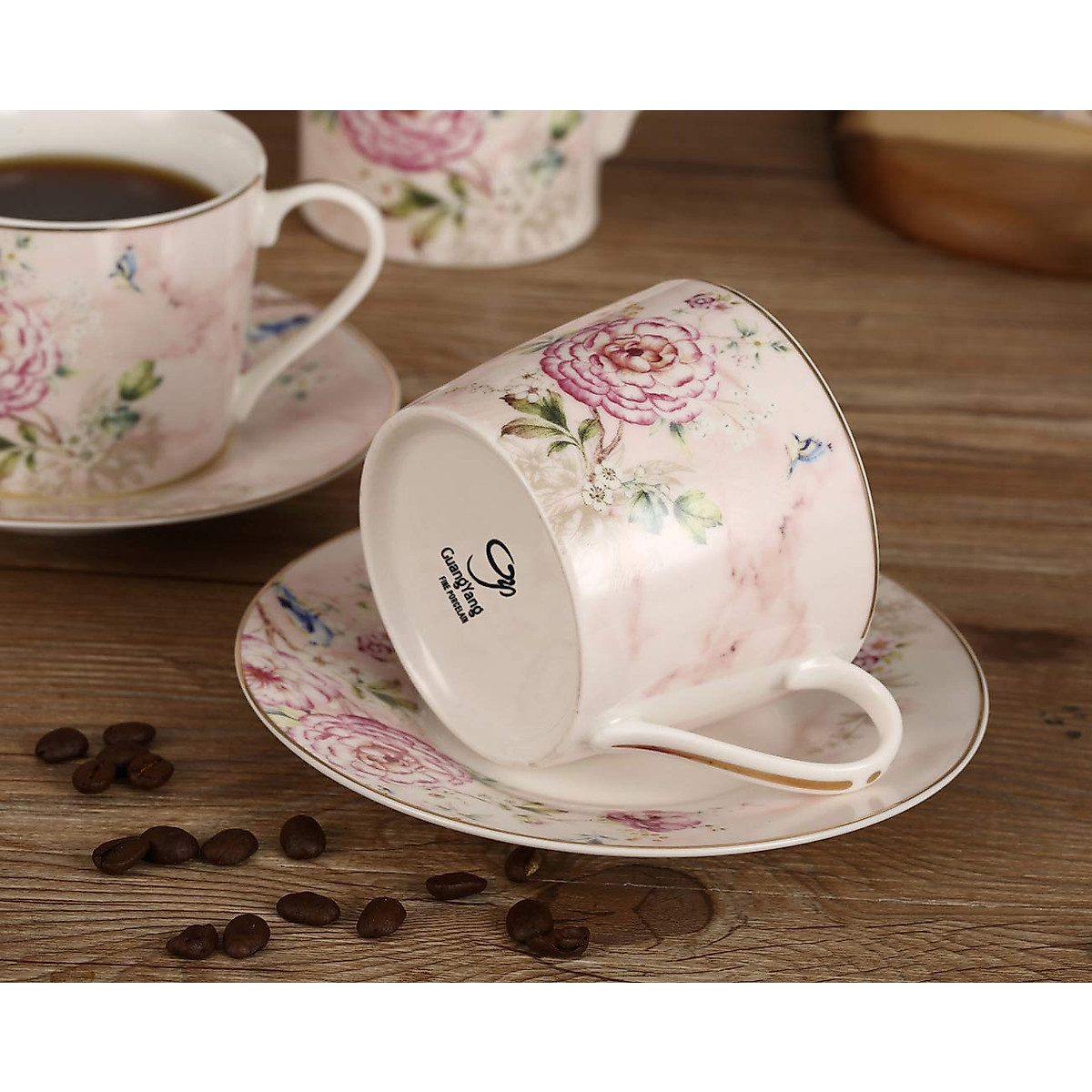 GuangYang Porcelain Tea Cups and Saucers,7 Ounce,Set of 2,Peony Flower Design Coffee Cup with Saucer,220ml Vintage Teacup (Total 4 pieces)