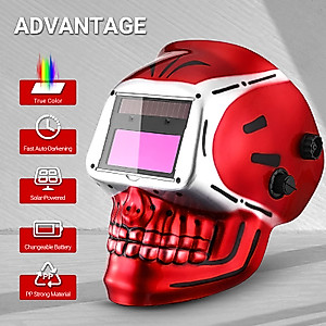 DEKORPO Welding Helmet Auto Darkening: True Color Solar Powered Auto Darkening Welding Helmets Welder Mask Hood (Skull Design)