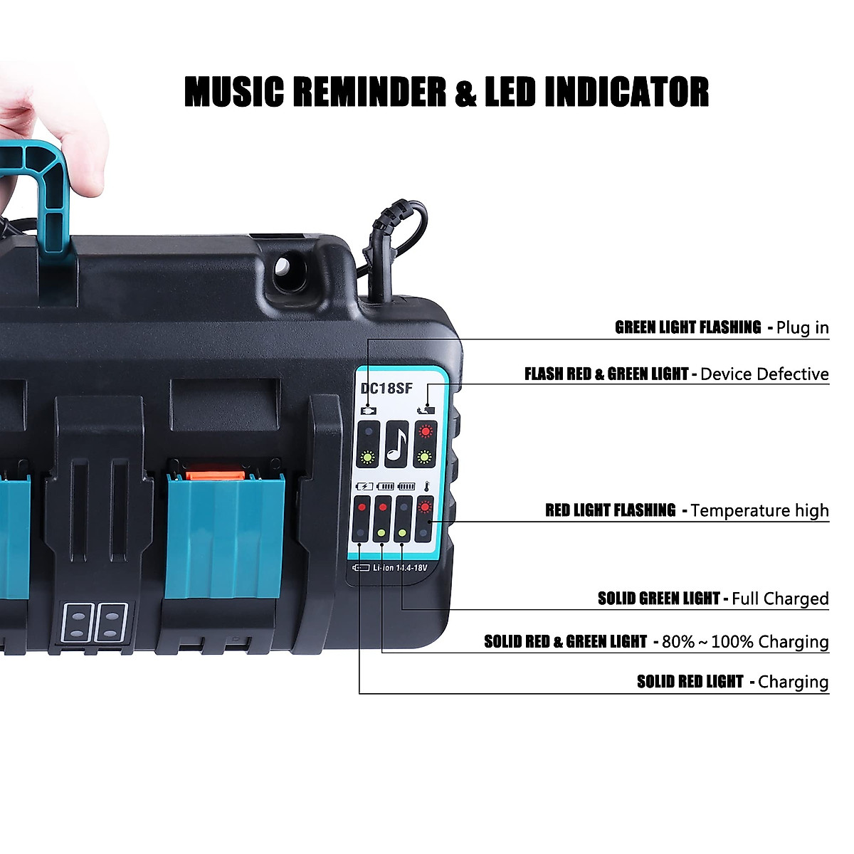 18V DC18SF 4-Port Fast Charger with Dual USB Port Compatible with 14.4V 18V LXT Li-ion Battery BL1840 BL1850 BL1860 BL1890, Replacement for 18 Volt Battery Charger DC18RC DC18RD