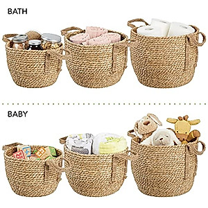 mDesign Round Braided Seagrass Woven Storage Basket with Jute Handles - Rope Weave Circle-Shaped Basket Bin for Shoe Storage in Entryway, Organizing Playroom Toys, and Laundry - Set of 3 - Natural
