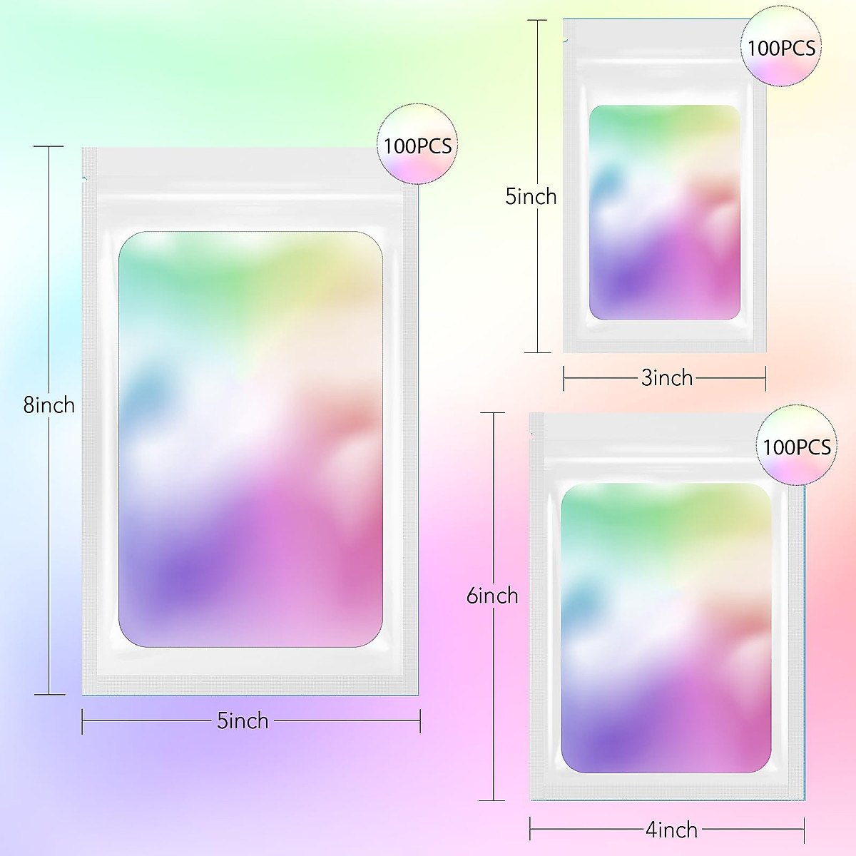Jazpyne smell proof bags 300 Pack holographic bags Resealable mylar bags (3 Sizes: 5x8 + 4x6 + 3x5 Inch: Each 100 pcs) White