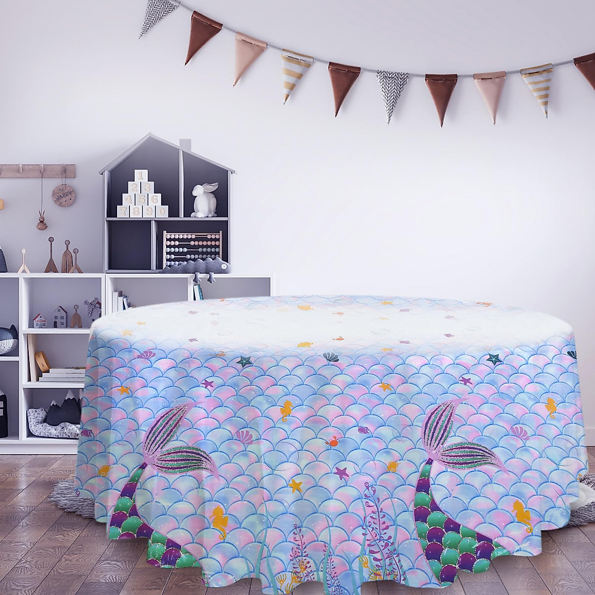 YiePhiot 3 Pcs Baby Shower Tablecloth，Baby Shower Round Tablecloth，Mermaid Party Decoration Table Covers，Plastic Table Cover for Baby Shower Party Compatible for a 70inch Round Table