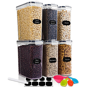 Moretoes Cereal Containers, 6pcs 4L 135oz Plastic Cereal Pantry Containers with Measuring Spoons, for Flour, Sugar, Rice