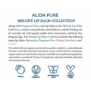 ALIDA PURE Vegan Melody Lip Balm Collection, Cruelty Free, Beeswax Free, Coconut Oil Free, 5 Lip Balm Set, Organic Jojoba Oil, Avocado Oil, and Vitamin E, Natural Moisturizing Lip Balm | Lip Gloss, for Dry, Chapped, or Cracked Lips